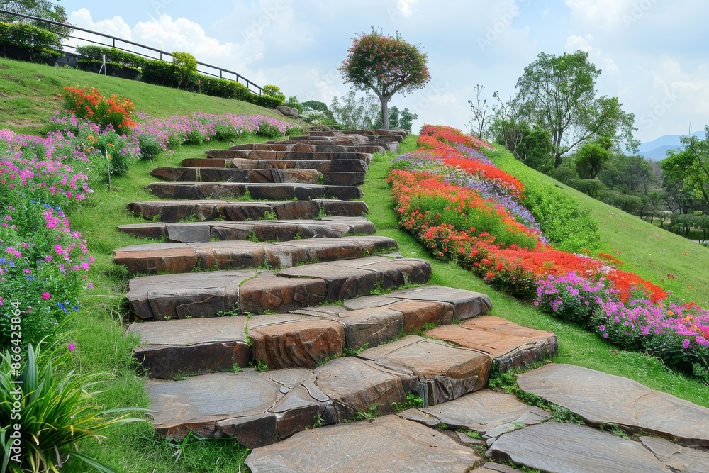 Beautiful terraced garden with stone steps and colorful flower beds ...