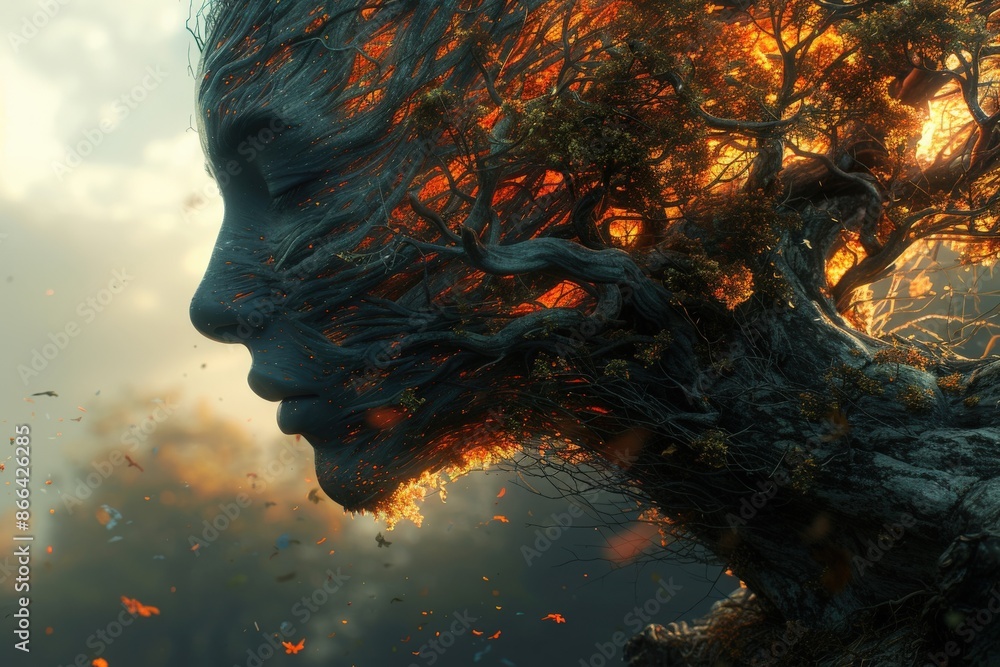 An artistic depiction of a face morphing into a tree, blending nature ...