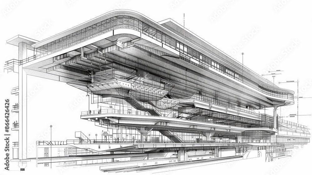Cross-section CAD drawing of a huge brutalist train station, with ...