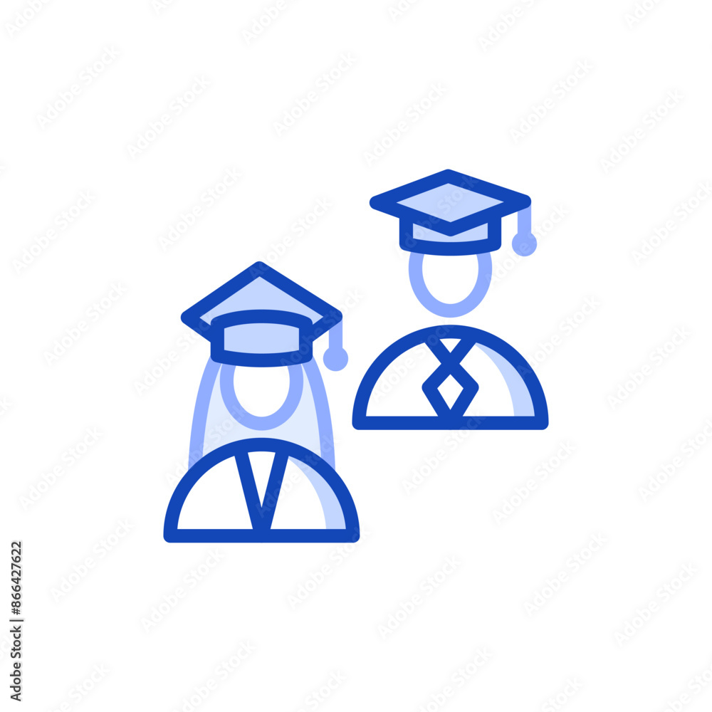 Vector outline icon of two graduating students wearing gowns and ...