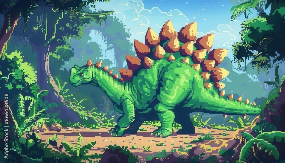 Cartoon pixel art, dinosaur park, bright colors, stegosaurus walking ...