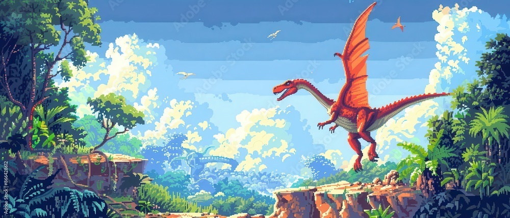 Cartoon pixel art, dinosaur island, bright colors, pterodactyl flying, detailed sky, lush ...