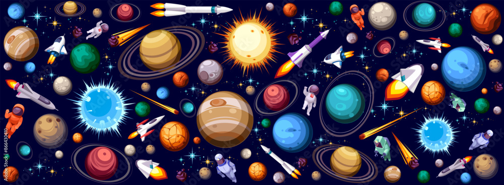 Vetor de Background design with many planets in space illustration. Space icon set and astronaut ...