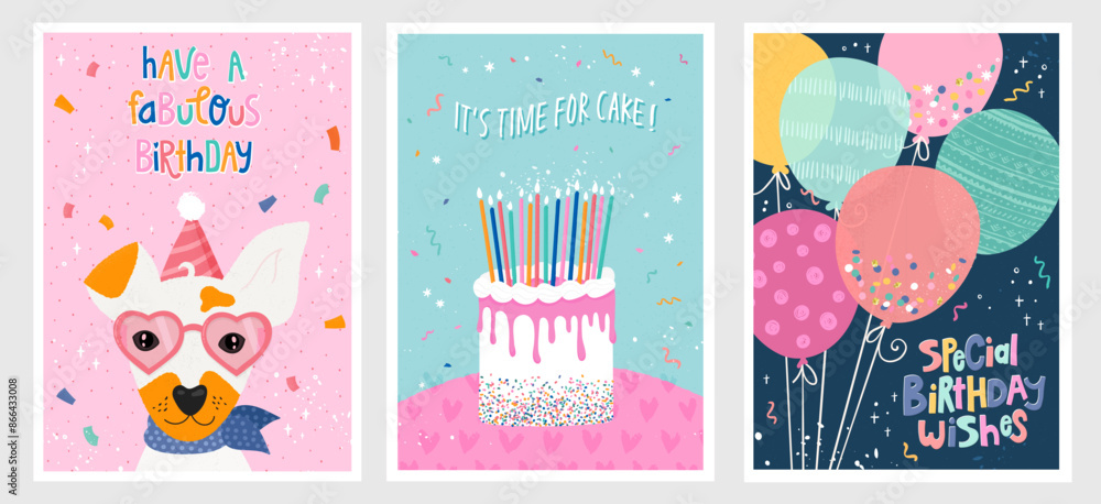Set of birthday postcards with confetti, balloons, cake, a dog and fun ...