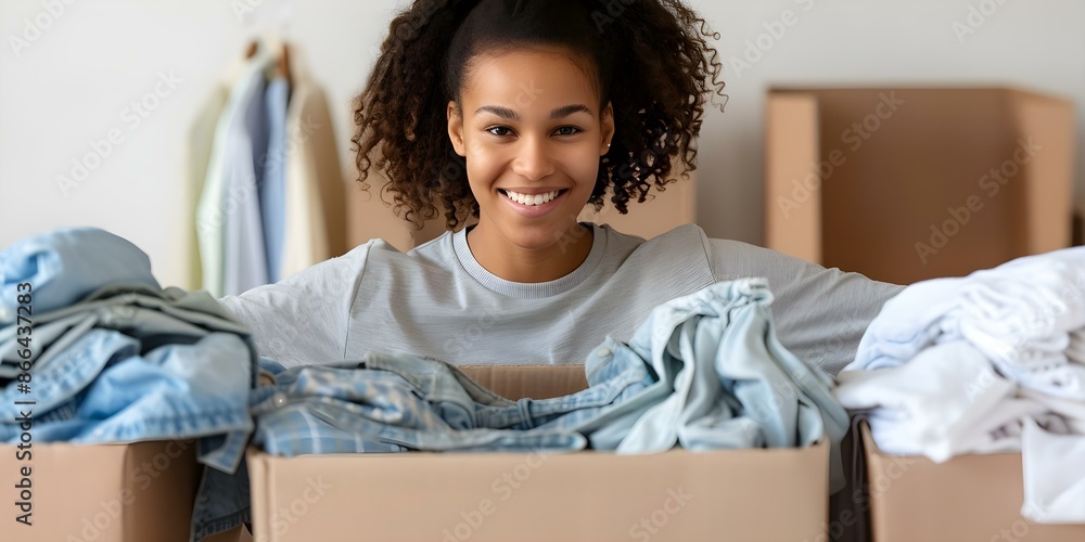 Woman organizing donated clothes in boxes for those in need. Concept ...