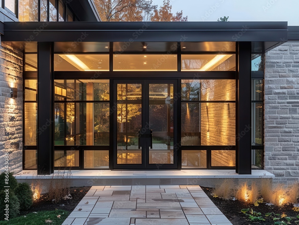 contemporary glass entrance with sleek dark frames and expansive side ...