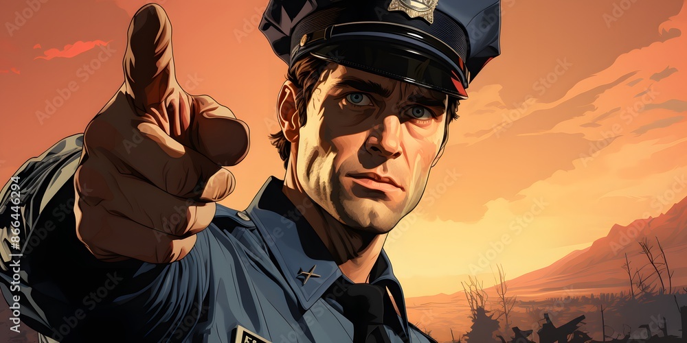 Vector illustration of police officer patrolling street, Comic book ...