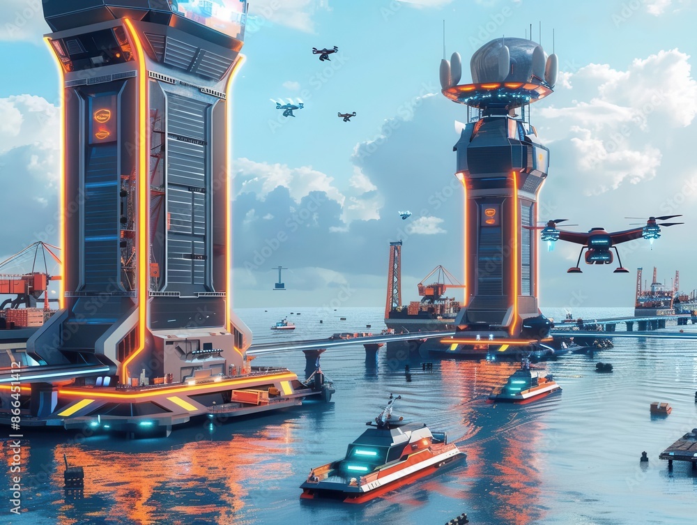 futuristic automated seaport with holographic control towers ...