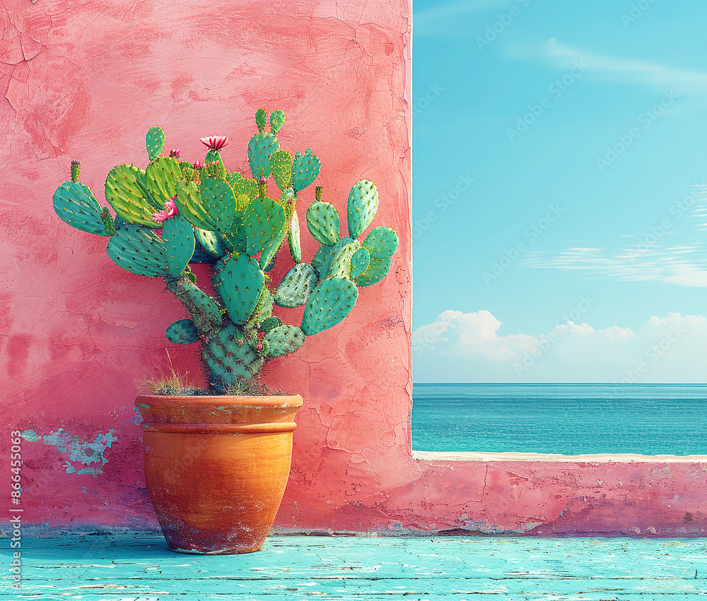 Cacti and pool, pastel colors, minimalistic composition, architectural ...