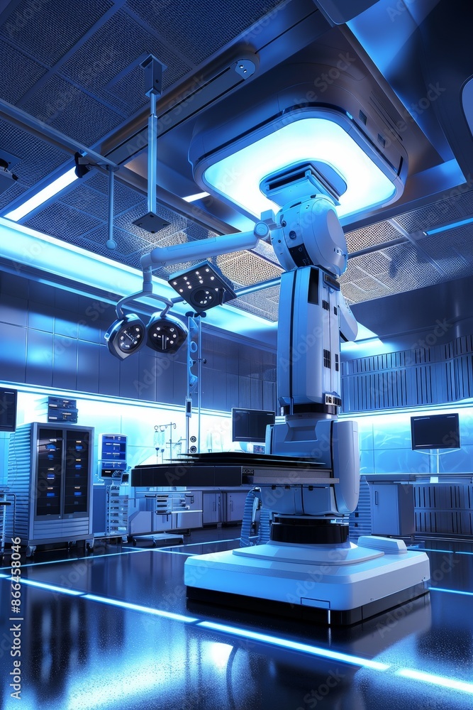 An AI-assisted surgical robot shown in a 3D-rendered, ultra-modern ...