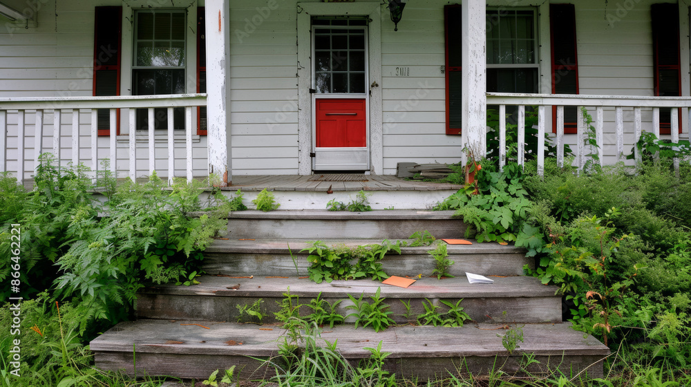 An American home's front porch with broken steps and overgrown weeds ...