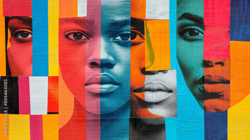 ''collage featuring diverse faces and cultural symbols, vibrant colors ...