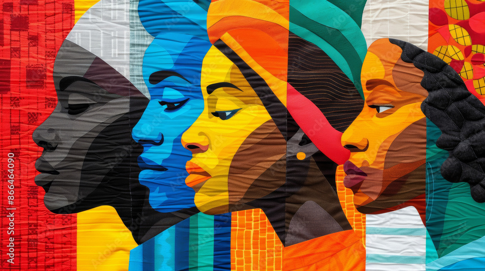 ''collage featuring diverse faces and cultural symbols, vibrant colors ...