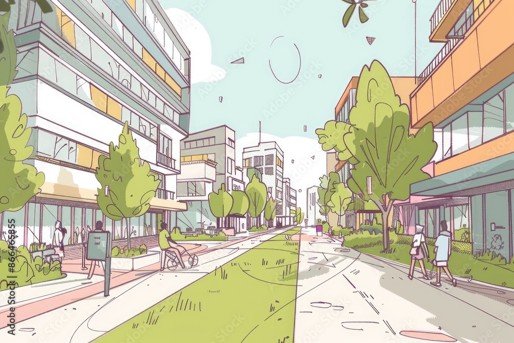 Urban planning sketch highlighting sustainable elements like green ...