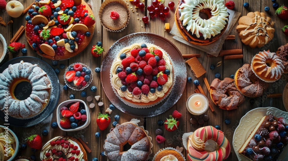 Various Desserts that are full on the table from the top view, cakes ...