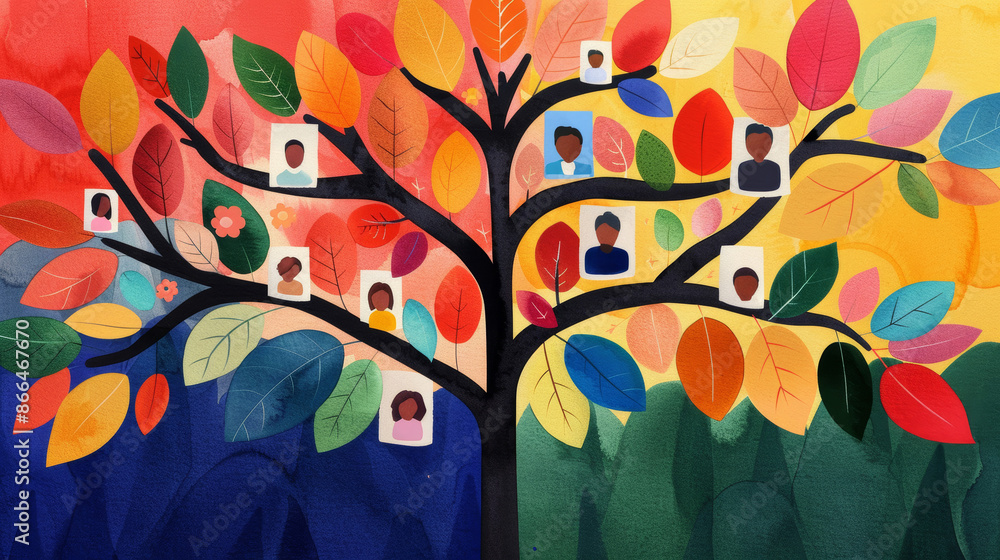 watercolor illustration of a Hispanic family tree with photos and names ...