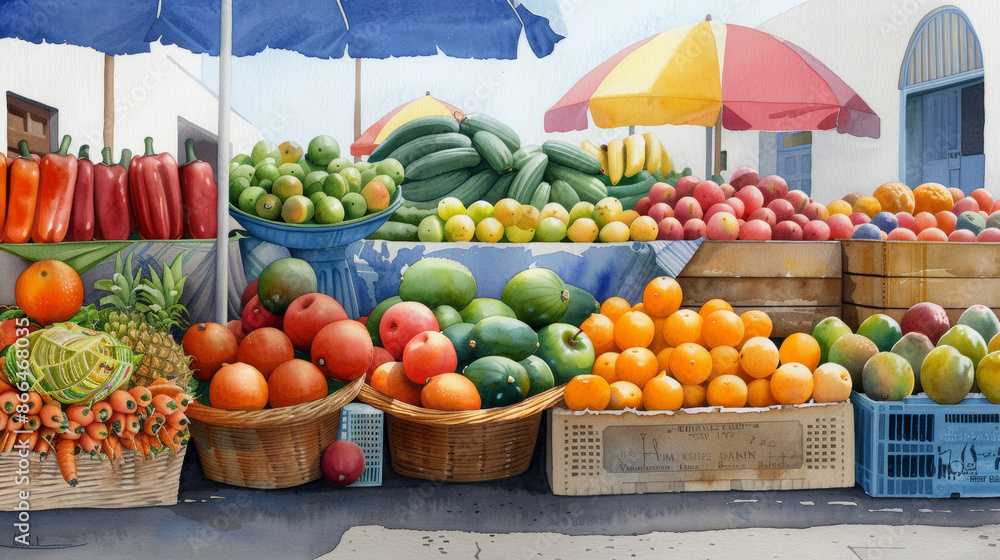 watercolor painting of a traditional Hispanic market, with vibrant ...