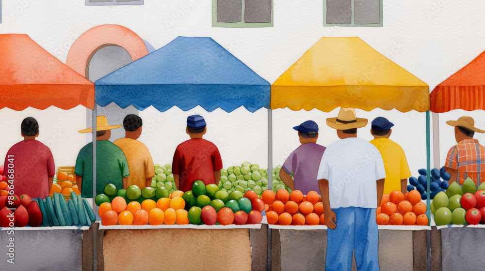 watercolor painting of a traditional Hispanic market, with vibrant ...