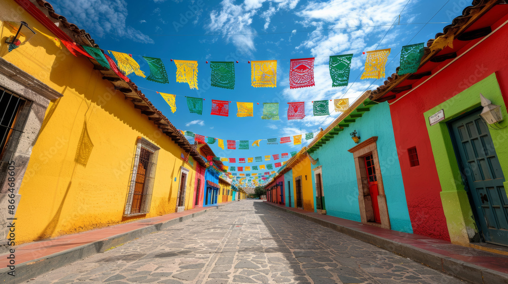 Wide angle of a vibrant street parade in Mexico with colorful floats ...
