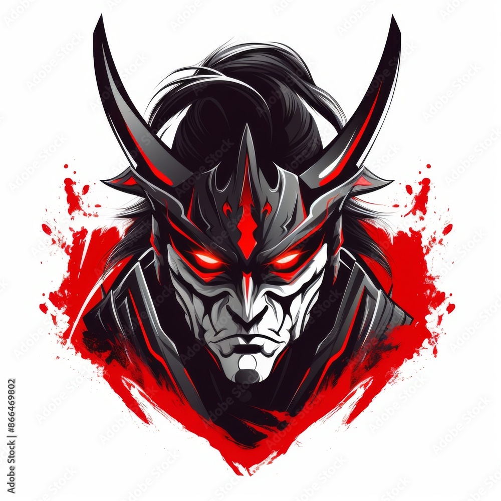Angry Samurai Warrior with Glowing Red Eyes in Black Armor ...