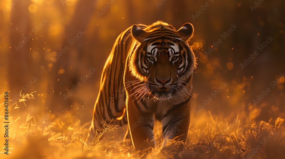 Great tiger male in the nature habitat. Tiger walk during the golden ...