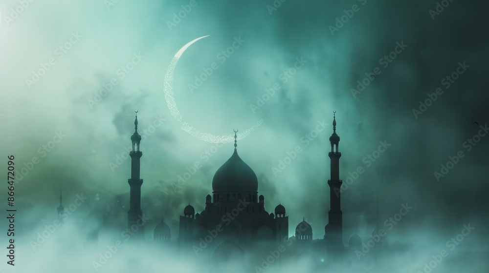 Elegant islamic background featuring a misty silhouette of a mosque ...