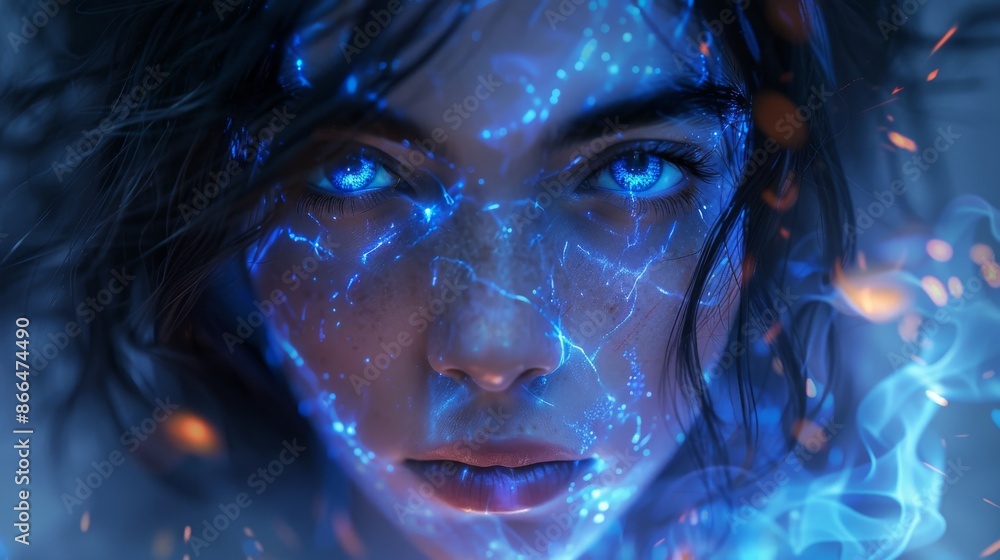 The eyes are intensely illuminated in blue as an anime character ...