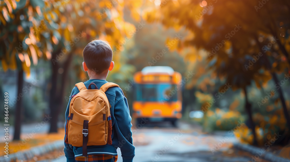 Kid waiting for his school bus, a boy going back to elementary school ...