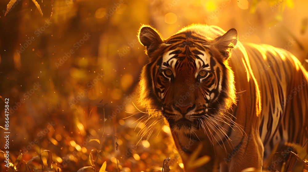 Great tiger male in the nature habitat. Tiger walk during the golden ...