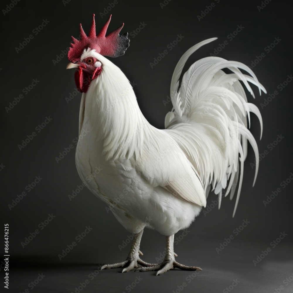 White albino rooster. Professional studio photography quality. Dark ...