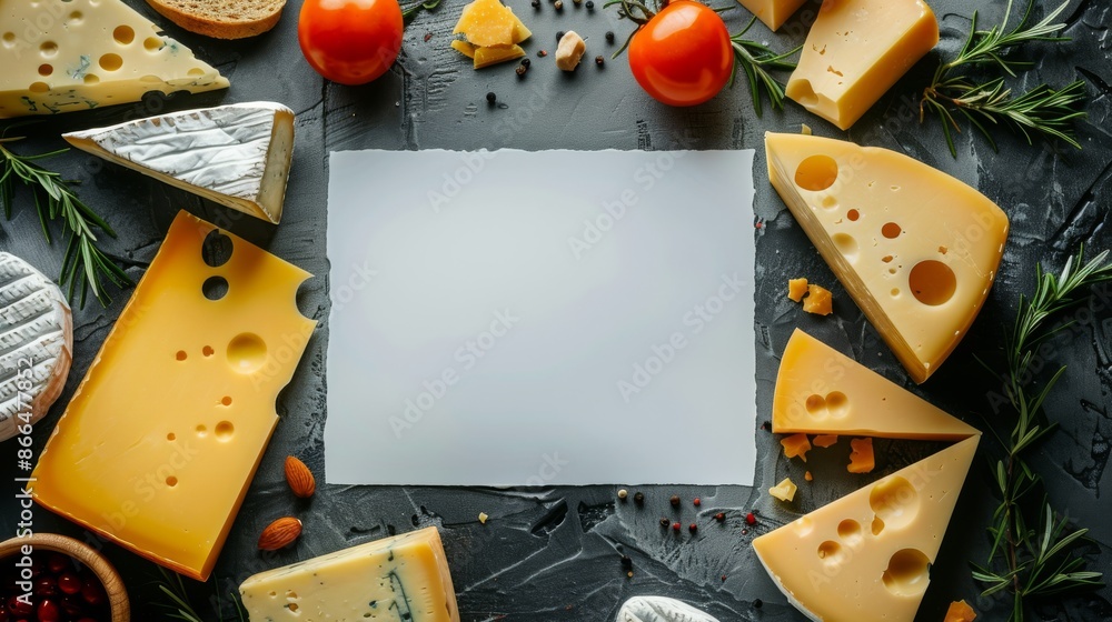 Cheese board with various types of cheese, tomatoes, herbs, and nuts ...