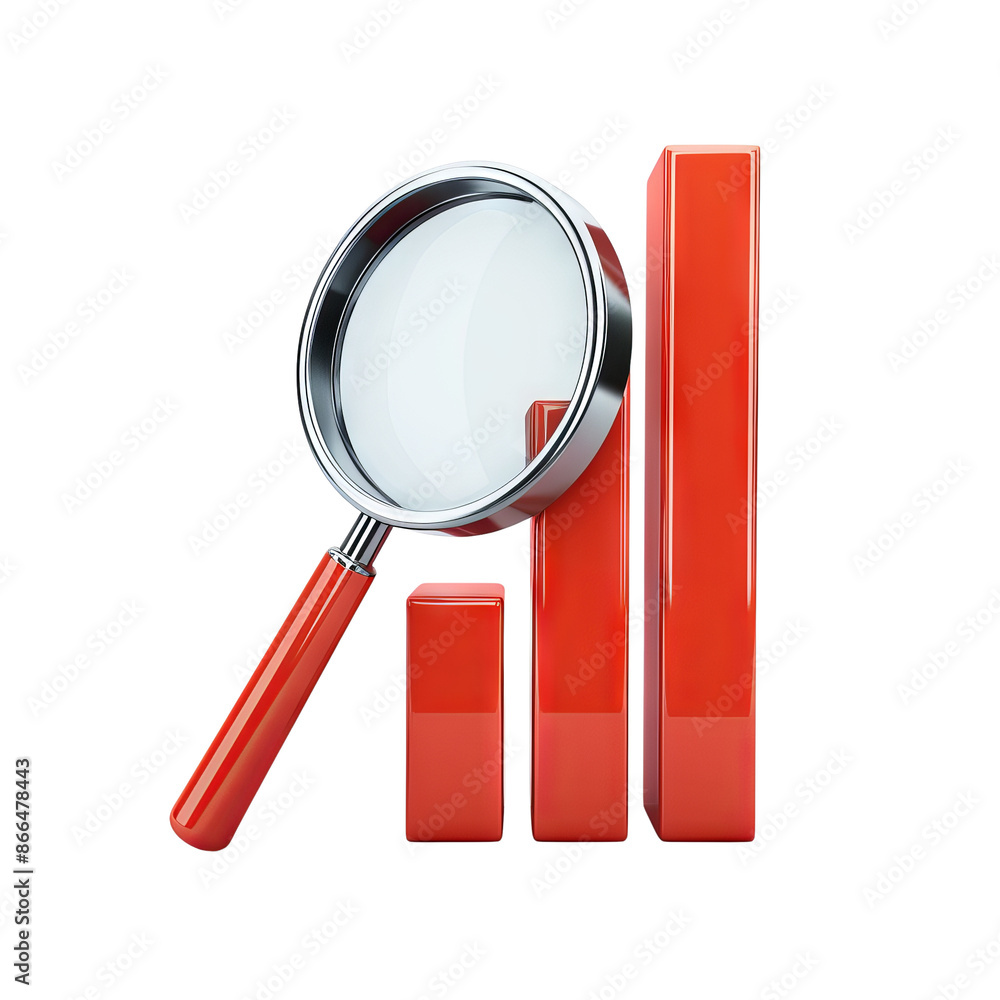 Red bar chart with magnifying glass, representing data analysis ...
