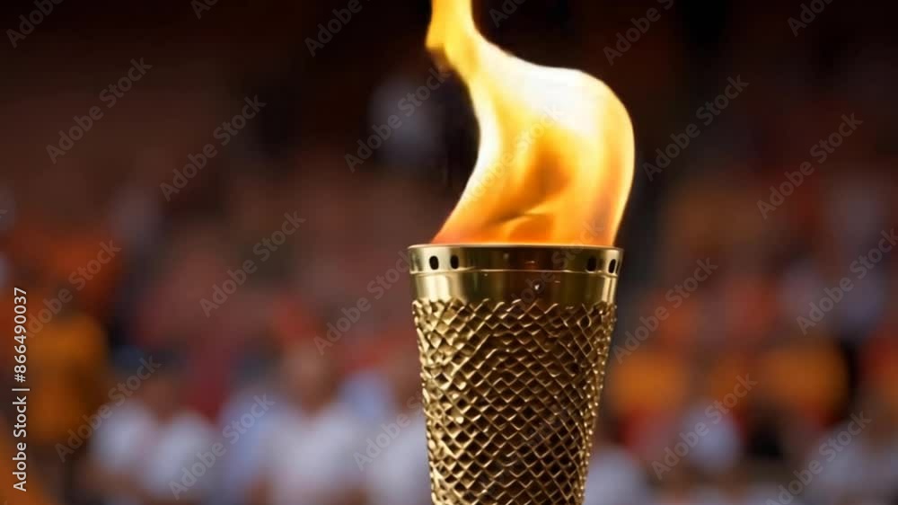 A close-up view of a lit Olympic torch held high above a crowd of ...