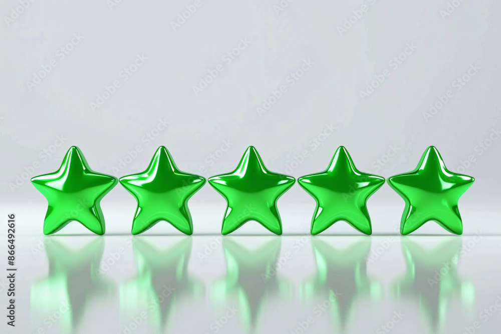 Five green stars aligned in a row on a reflective surface indicating a ...