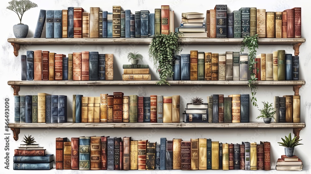 ภาพประกอบสต็อก Book rows, stacks on shelves set. Kids literature spines ...