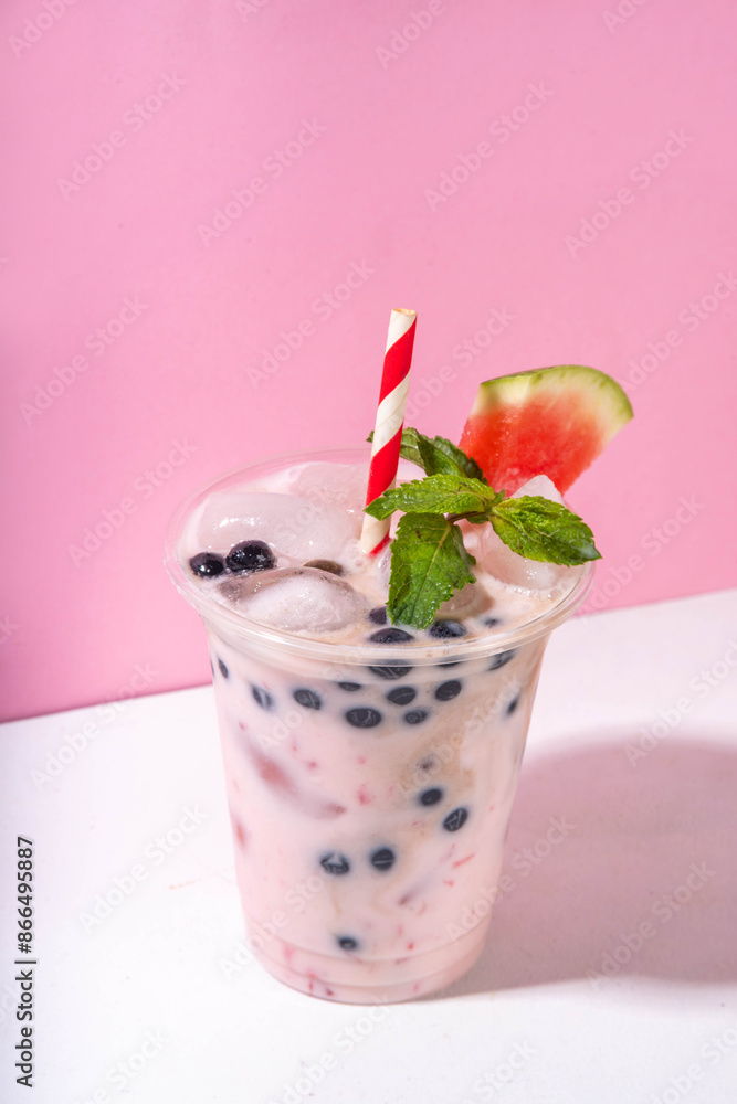 Watermelon boba balls bubble tea cocktail. Refreshing milky non-dairy ...