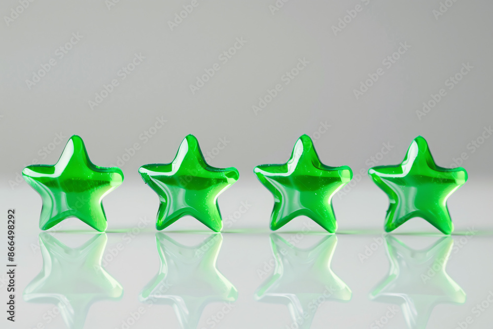 Four shiny green star-shaped objects are aligned on a reflective ...