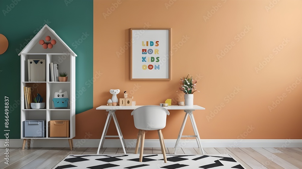 Kids study interior designs. Empty painted wall for mockup.Accent ...
