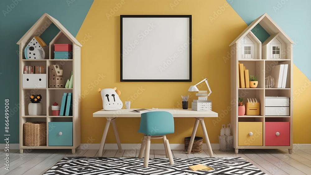 Kids study interior designs. Empty painted wall for mockup.Accent ...