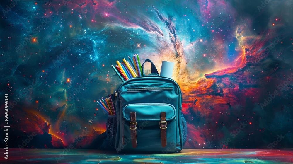 Intense colors and dynamic textures highlight a backpack against a ...