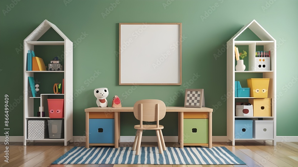 Kids study interior designs. Empty painted wall for mockup.Accent ...
