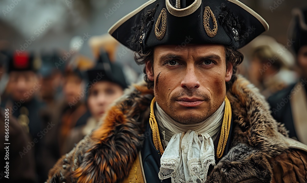 Napoleon's costume-clad figure amidst a film scene depicts a historical ...