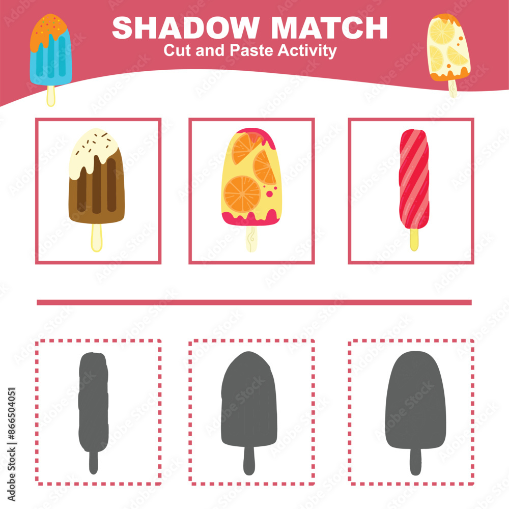 Vektorová grafika „Cut the image in each box and glue it on each shadow ...