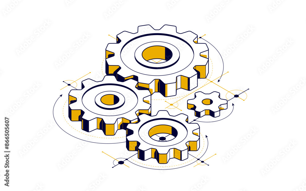 Mechanical engineering concept, gears and cogs with project drawing ...