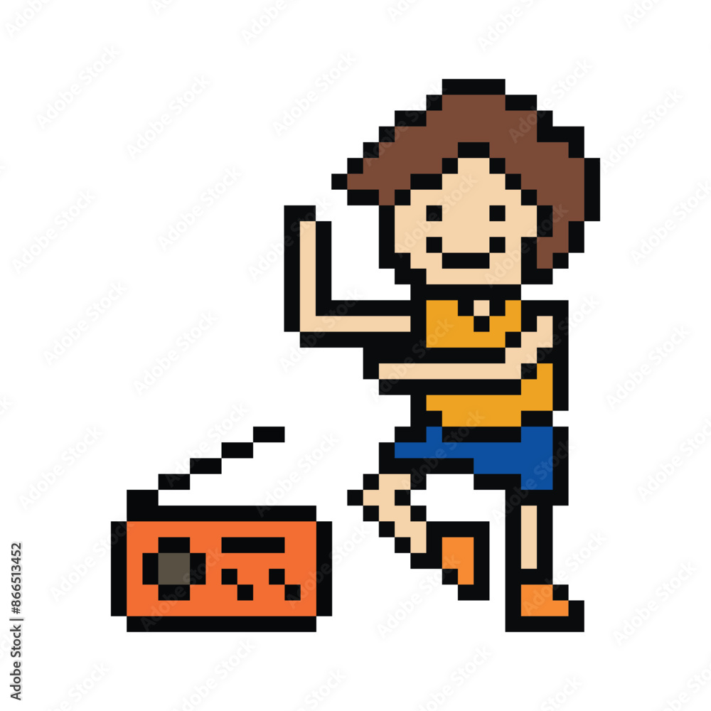 Cute pixel cartoon 8bit character man exercises training dance ...