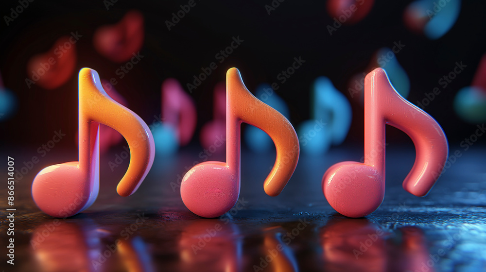 Musical notes in 3D design with soft pastel colors. Realistic cinematic ...