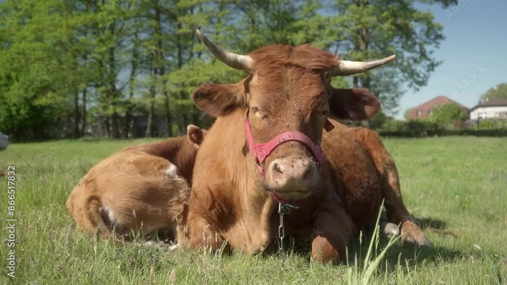 A caring mother cow and her adorable calf rest peacefully side by side ...