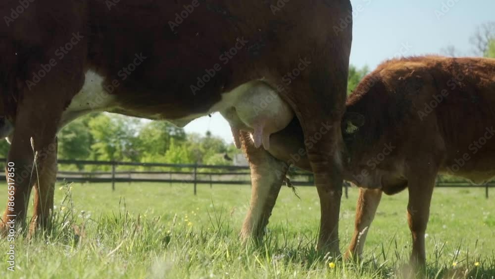 A young calf enjoys sucking milk from the udder of its mother cow. A ...