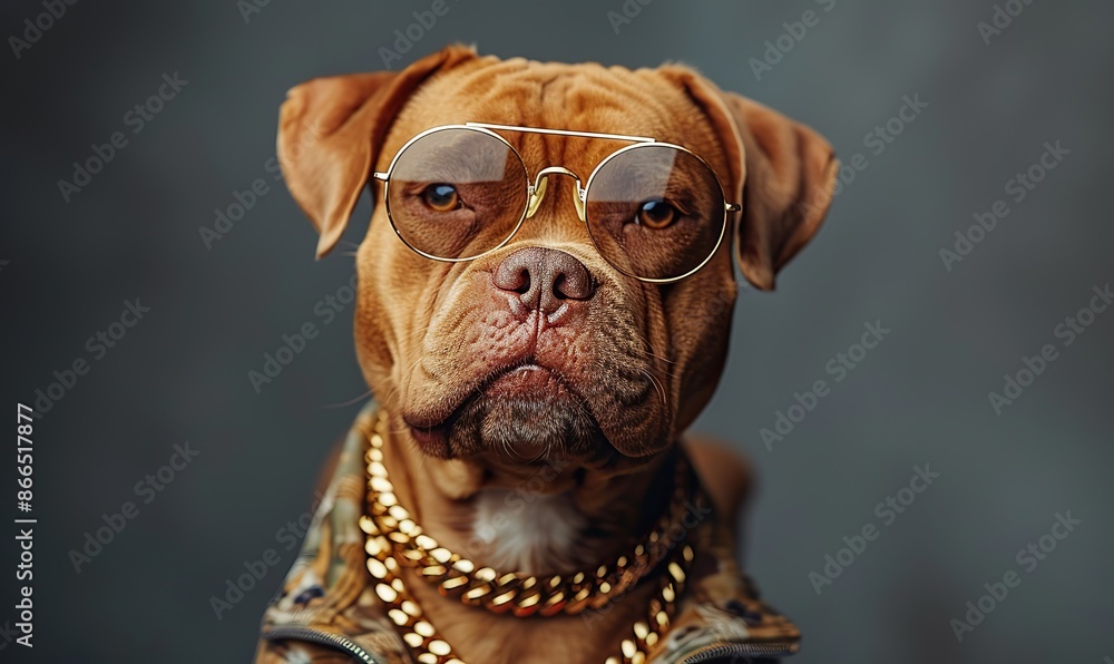 Hip hop dog, decked in cap, shades, and chain, poses on gray, flaunting ...