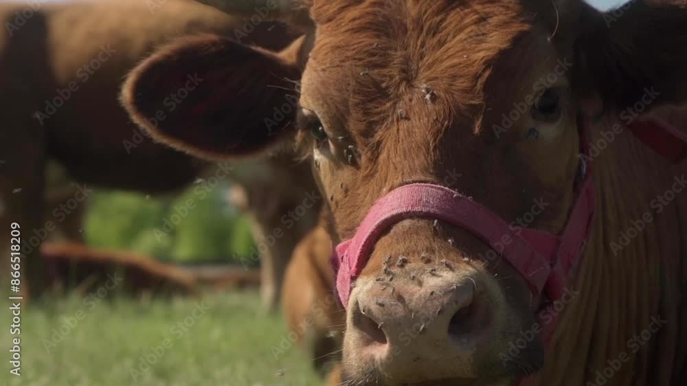 A Limousin beef cow with large horns, wearing a halter, is lying in a ...
